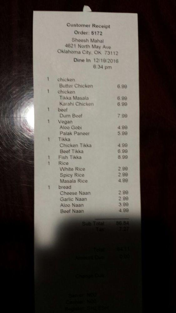 Menu at Sheesh Mahal restaurant, Oklahoma City
