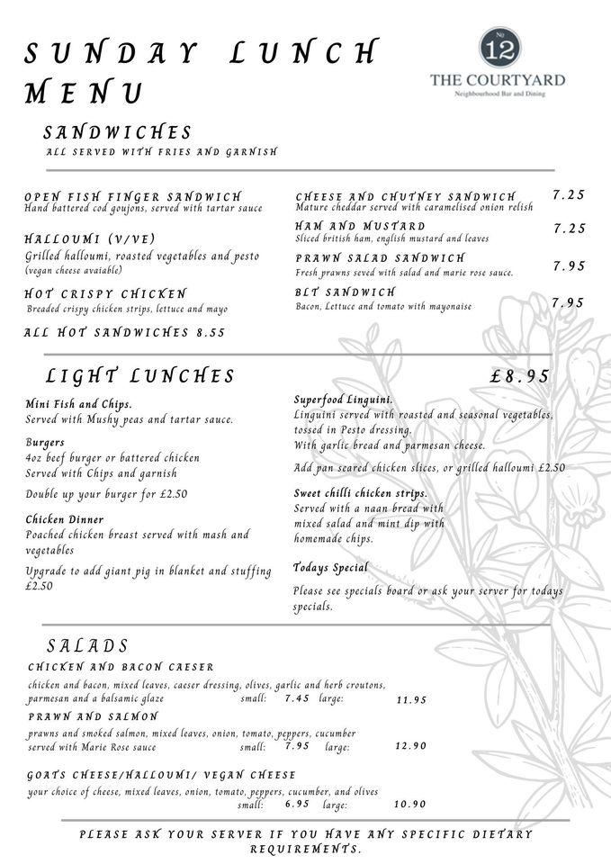 Menu at The Courtyard @ No.12 pub & bar, Burton upon Trent