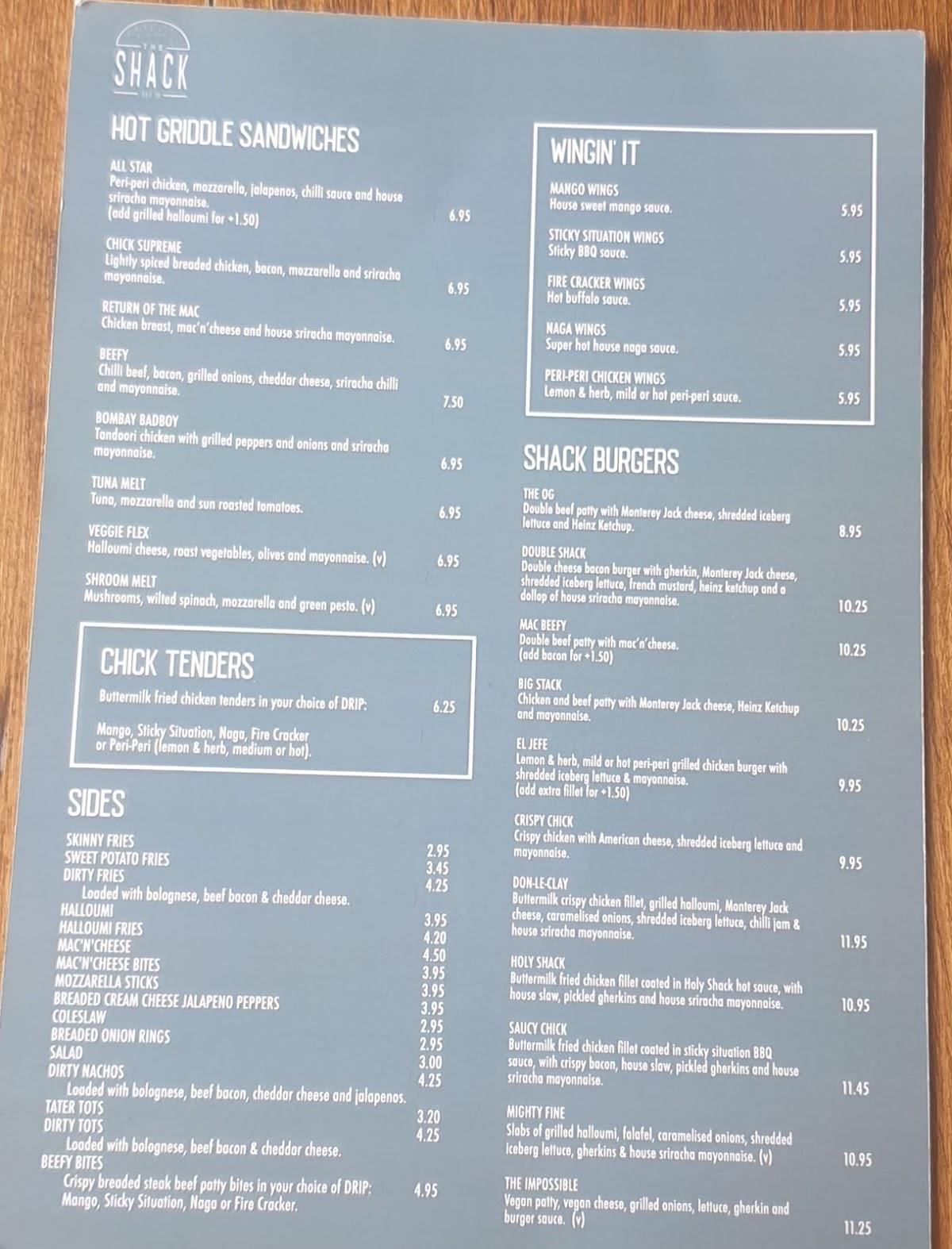 Menu at The Shack cafe, Barton-le-Clay