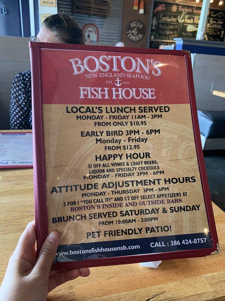 Menu at Boston's Fish House restaurant, New Smyrna Beach, S Atlantic Ave