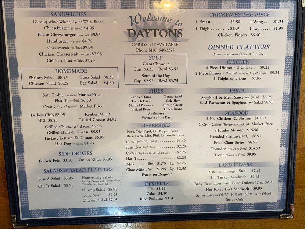 Menu at Dayton's Restaurant, Salisbury