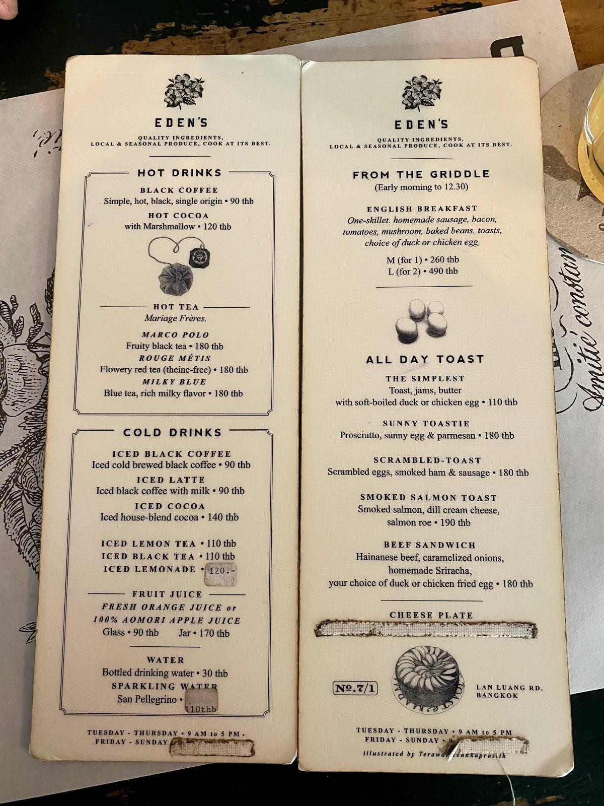 Menu at Eden's cafe, Bangkok