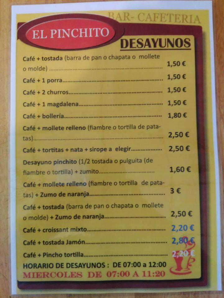 Carta del restaurante El Pinchito, Azuqueca del Henares