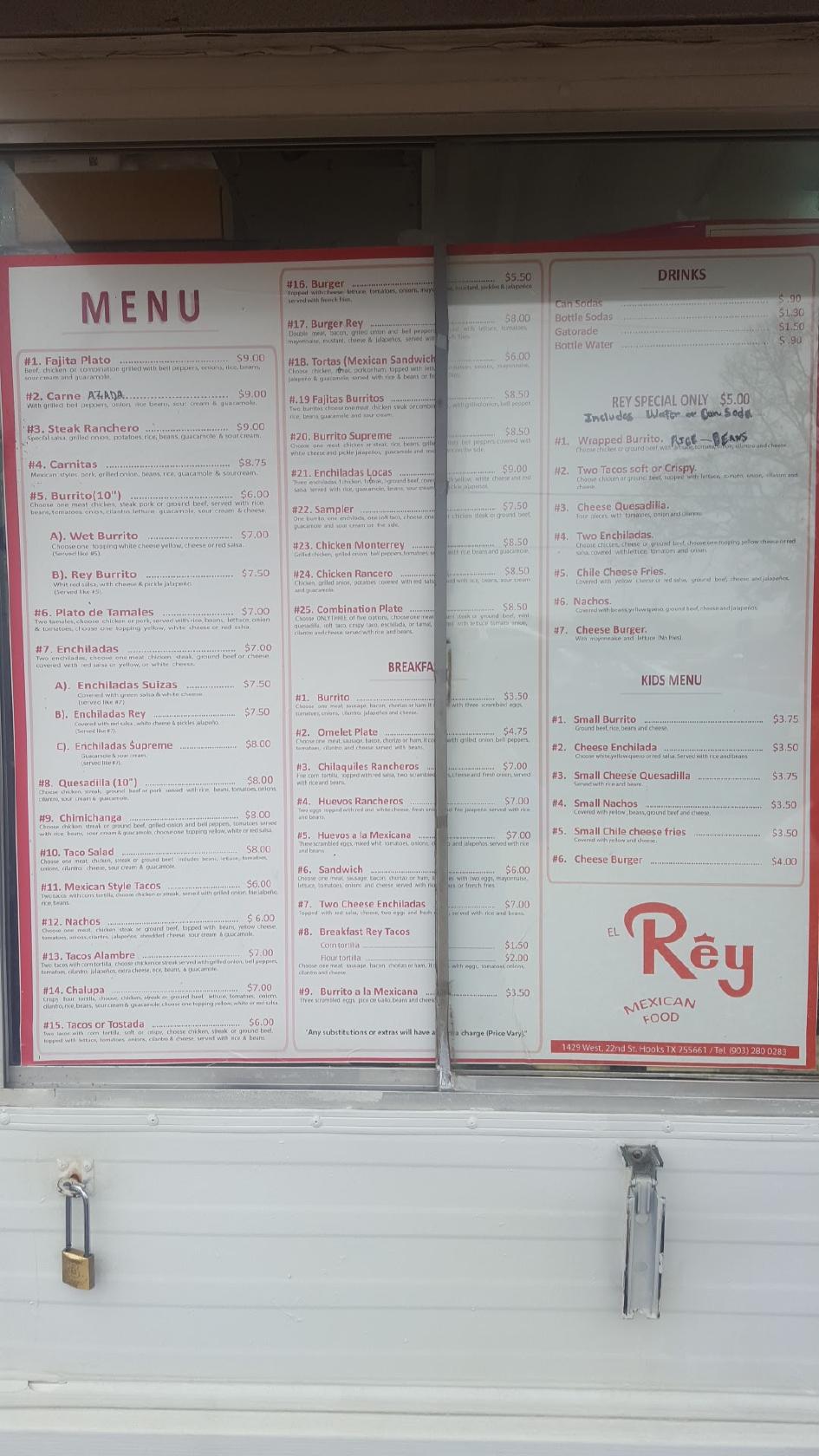 Menu at El Rey restaurant, Hooks, W 22nd St