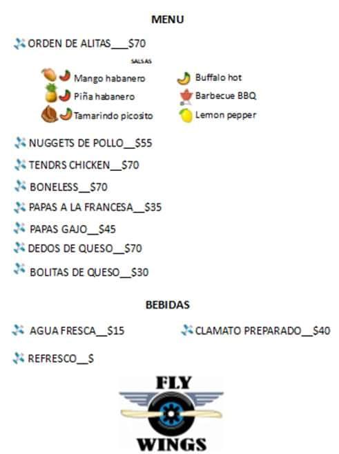 Menu at Fly Wings restaurant, Durango