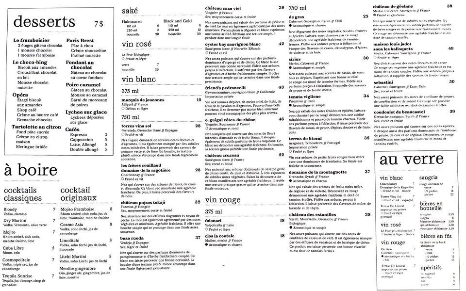 Menu au Le Bing restaurant, Joliette