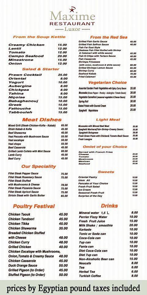 Menu at Maxime steakhouse, Luxor, Khaled Ibn Alwaleed Street