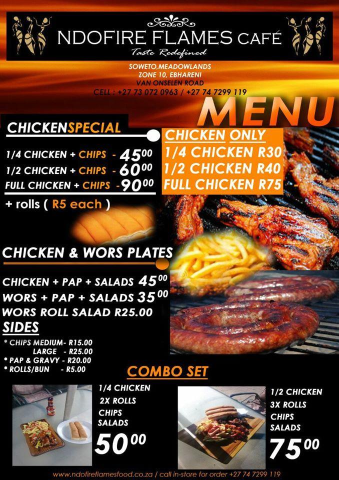 Menu at Ndofaya's Foodies Corner restaurant, Johannesburg