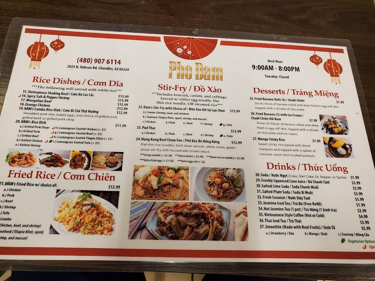 Menu at Pho Dam restaurant, Chandler