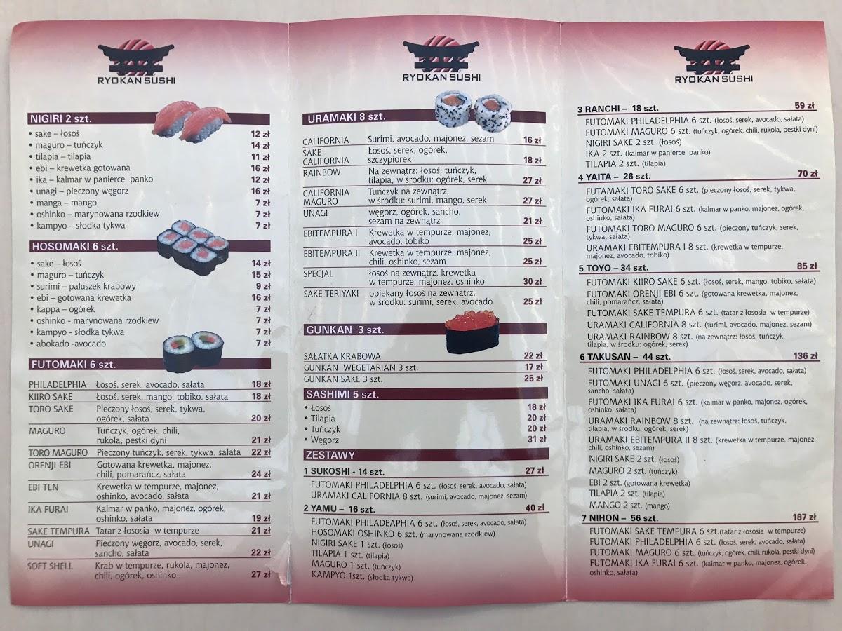 Menu at Ryokan Sushi restaurant, Gliwice, Jana Siemińskiego 18