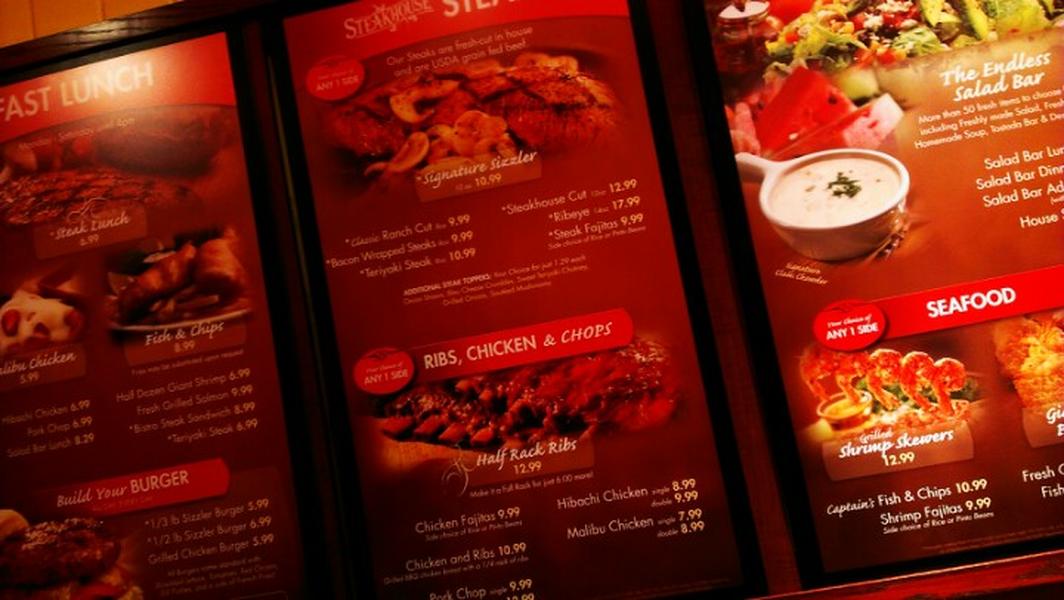 Menu at Sizzler steakhouse, Salt Lake City, 3429 S Redwood Rd