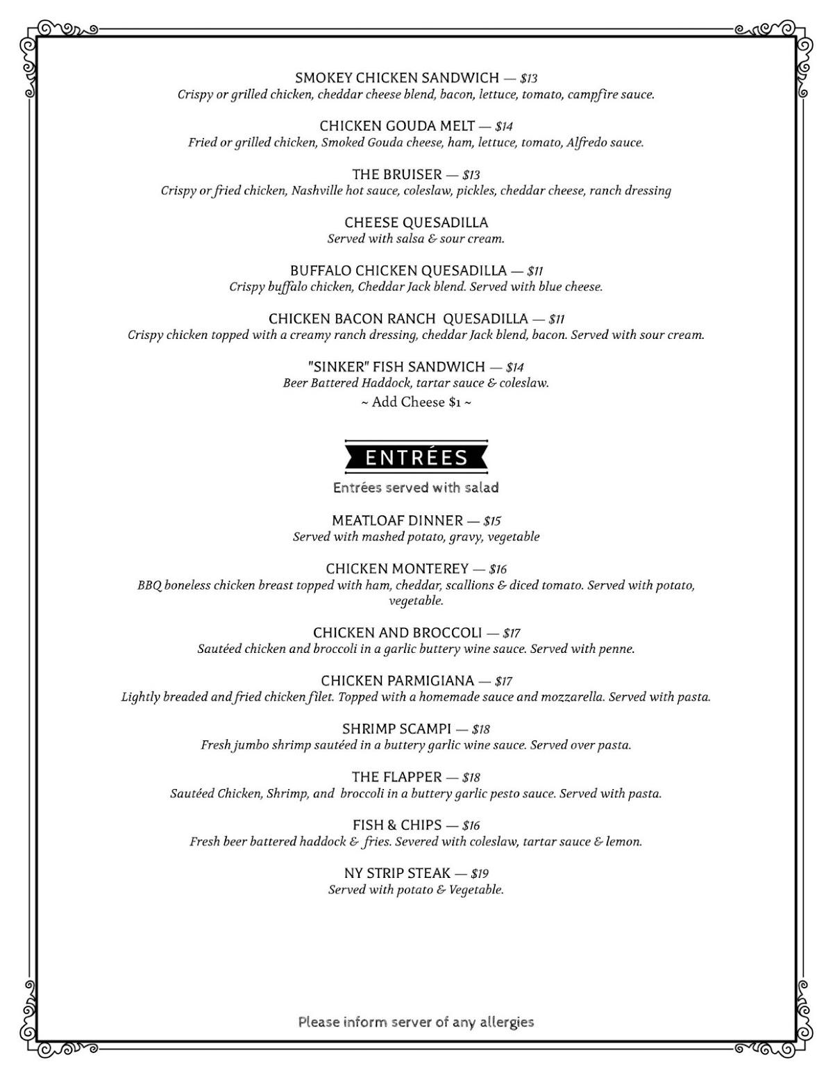 Menu at Speakeasy restaurant, Somersworth