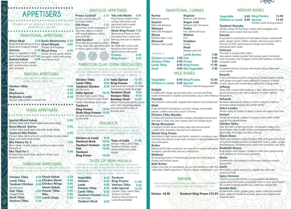 Menu at Taste of India restaurant, Bedale