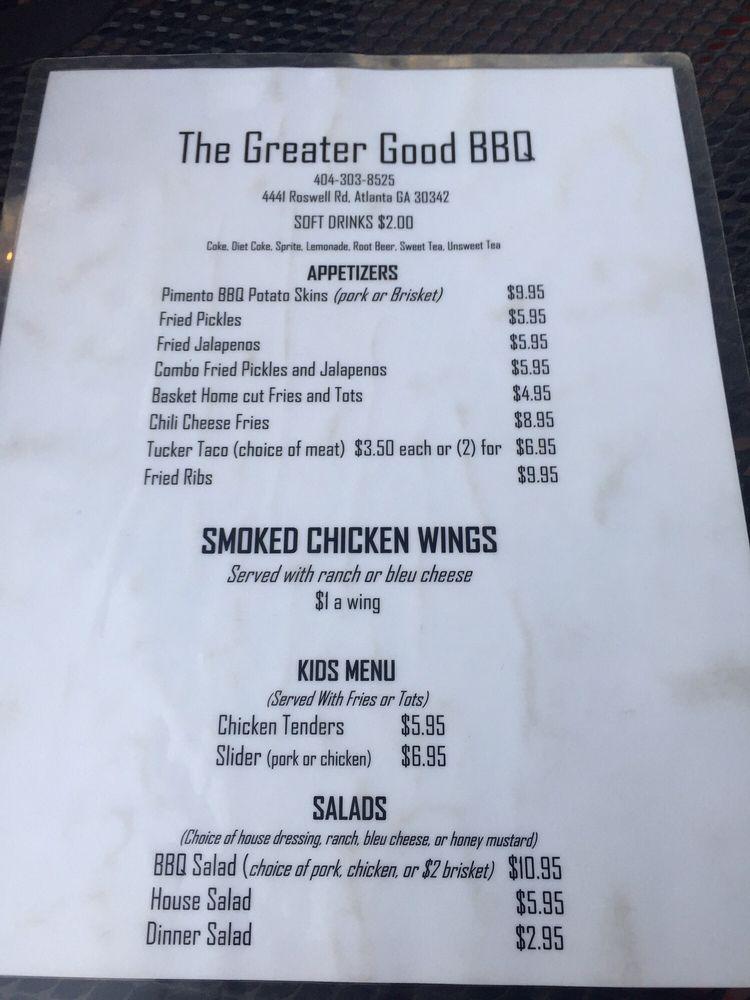 Menu at The Greater Good BBQ, Atlanta, Roswell Rd NE