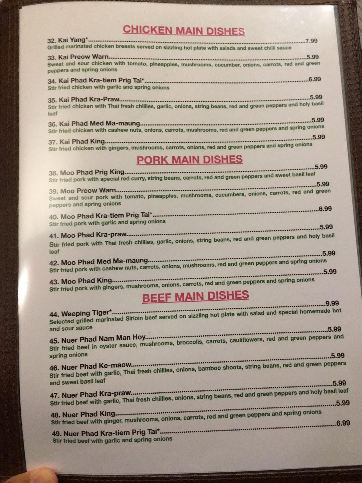 Menu at Bahn Mai Thai restaurant, Llanelli