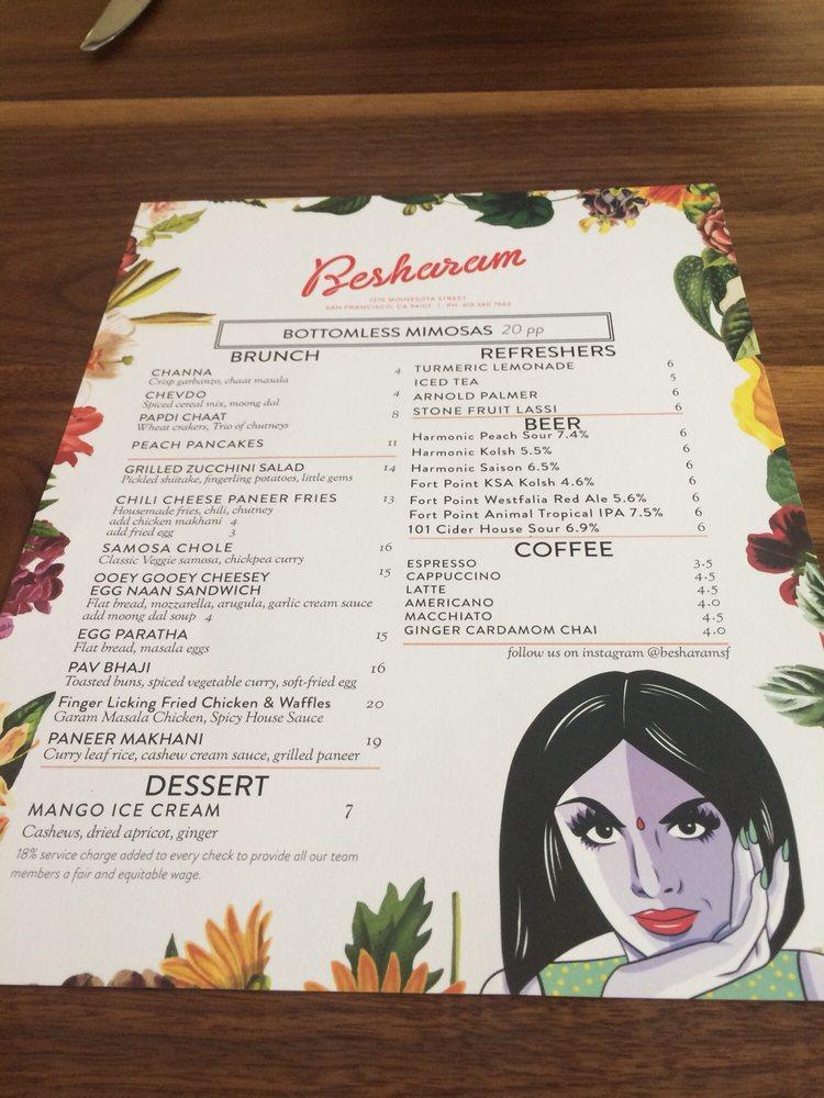 Menu at Besharam restaurant, San Francisco