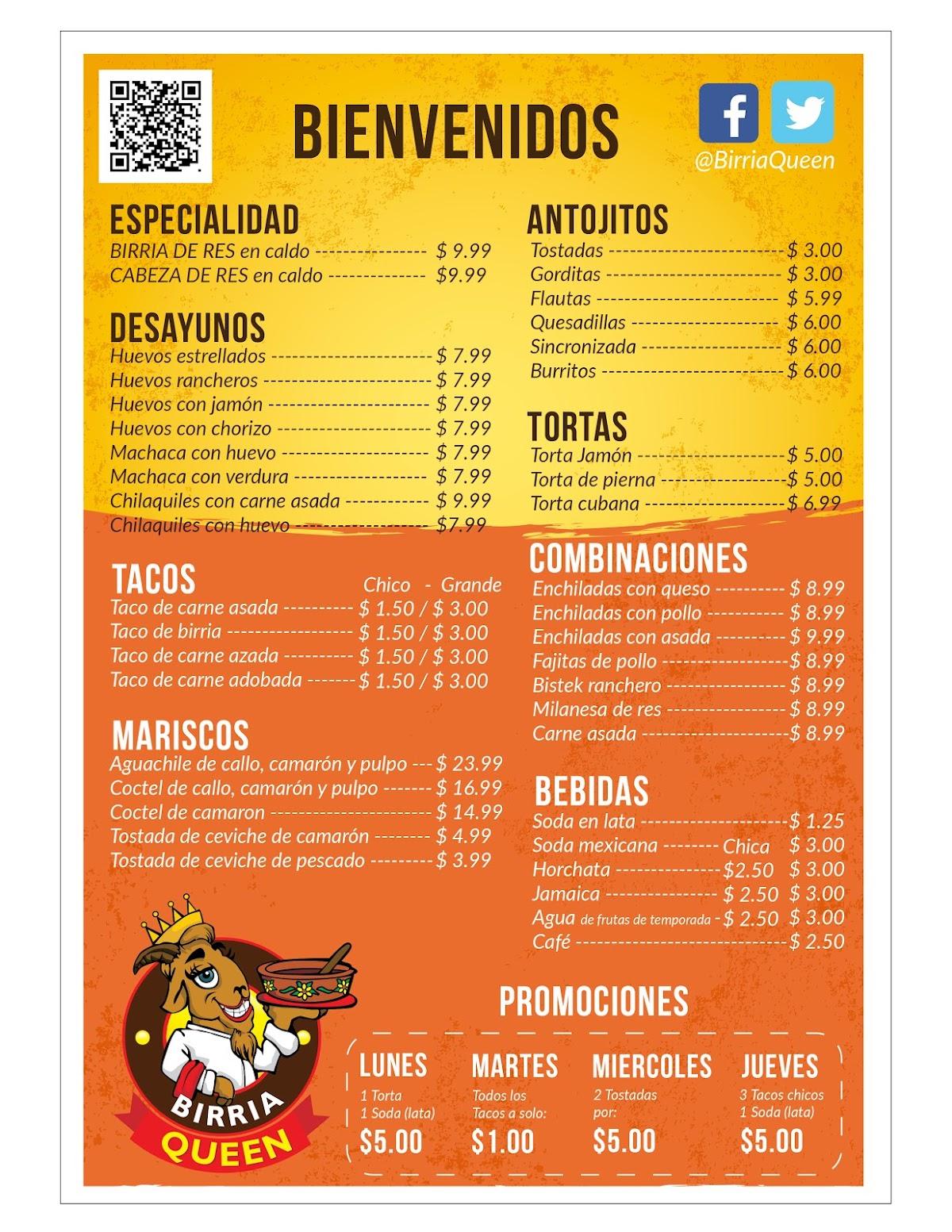 Menu at Birria Queen restaurant, Phoenix