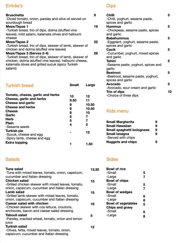 Menu at Cafizza restaurant, Geelong