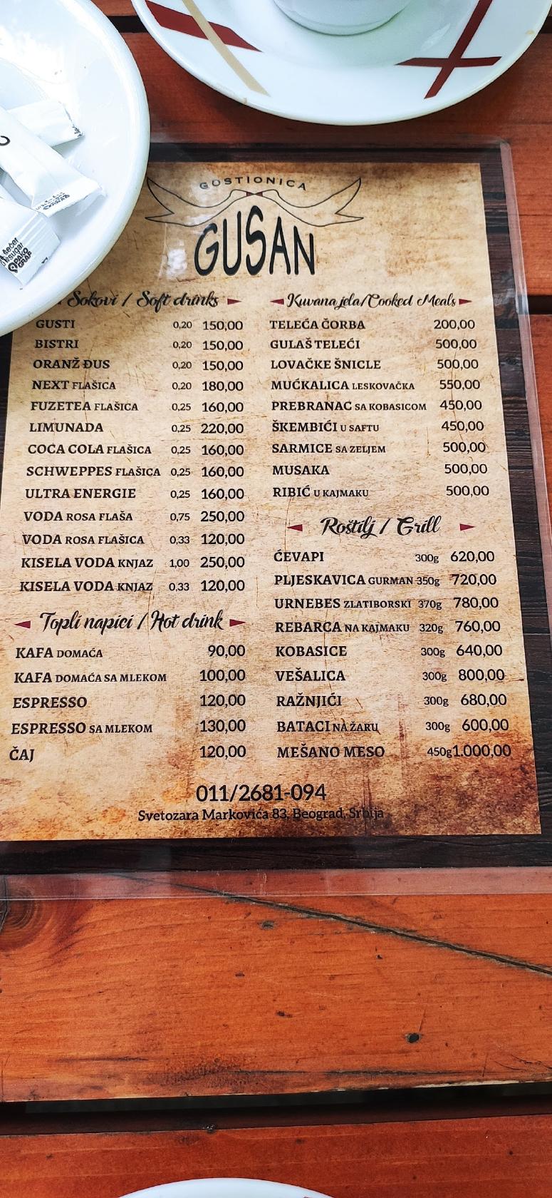 Menu at Gusan Tavern restaurant, Belgrade