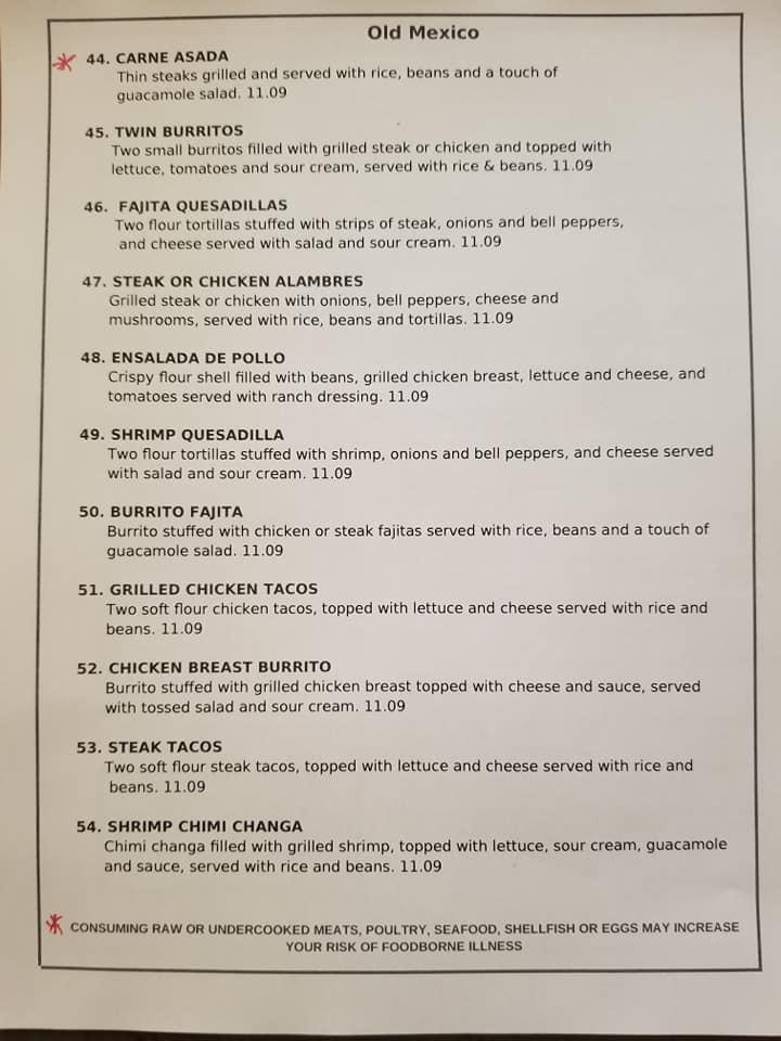 Menu at Old Mexico Restaurant, Moultrie