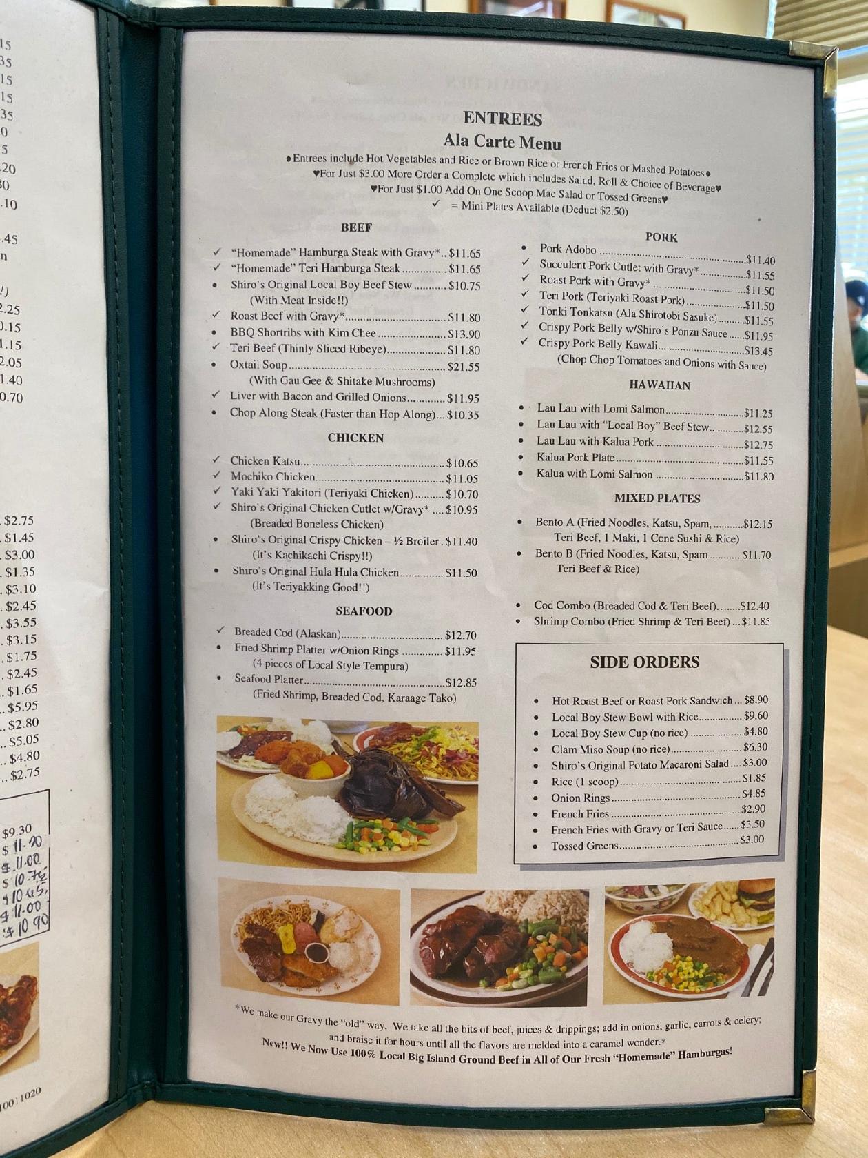 Menu at Shiro's Saimin Haven restaurant, Aiea