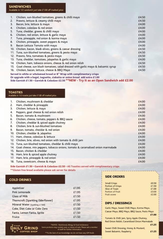 Menu at The Daily Grind cafe, Downpatrick