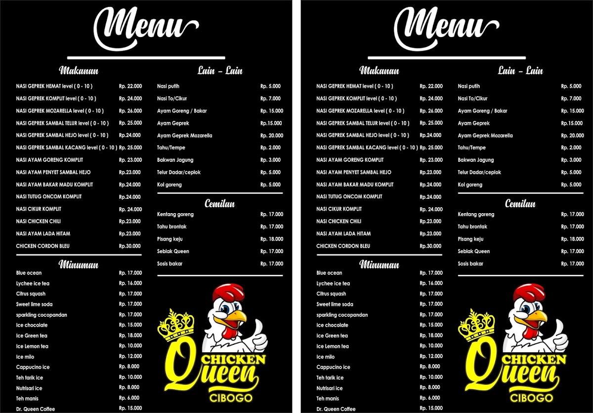 Menu at Chicken Queen restaurant, Bandung