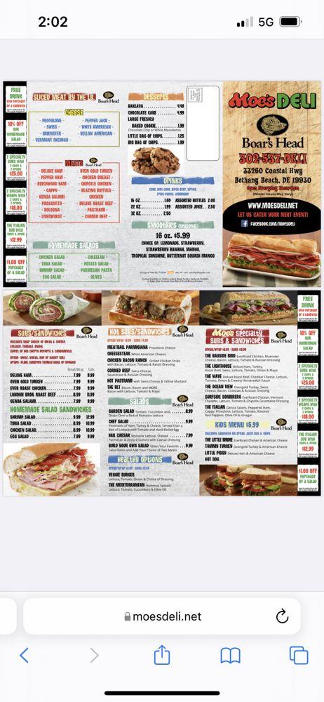 Menu at MOES DELI pub & bar, Bethany Beach