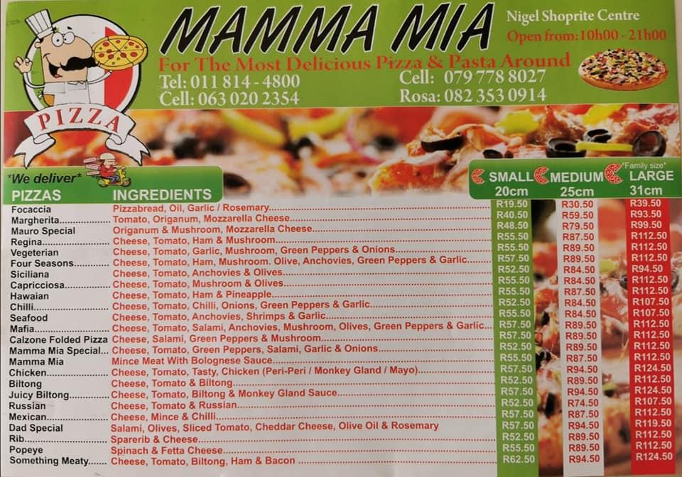Menu at Mamma Mia restaurant, Nigel, Hendrik Verwoerd Shoprite Centre ...