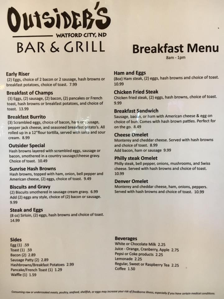 Menu at Outsider's Bar & Grill, Watford City