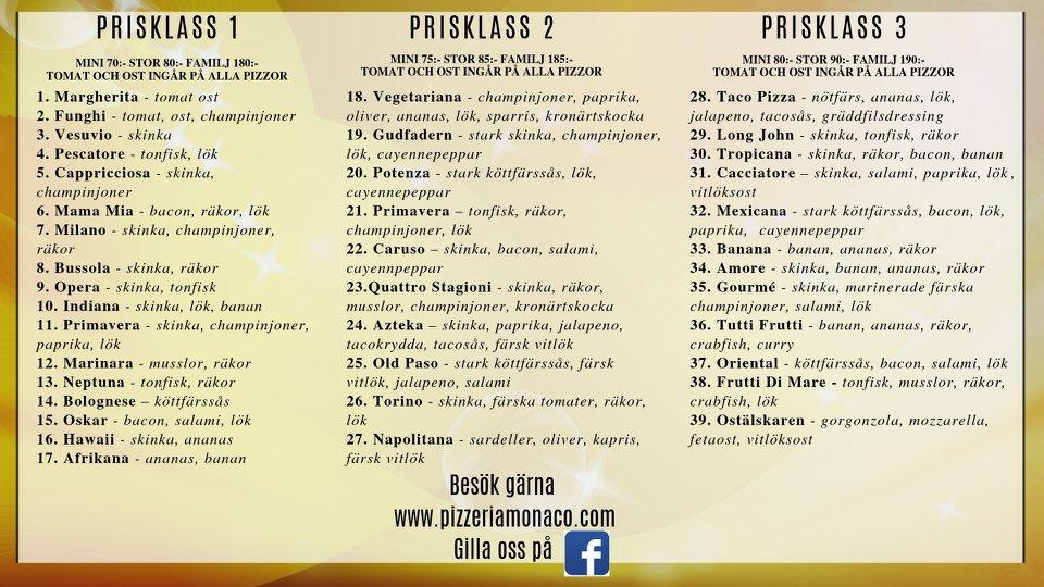 Menu at Pizzeria Monaco - Oskarshamn, Oskarshamn