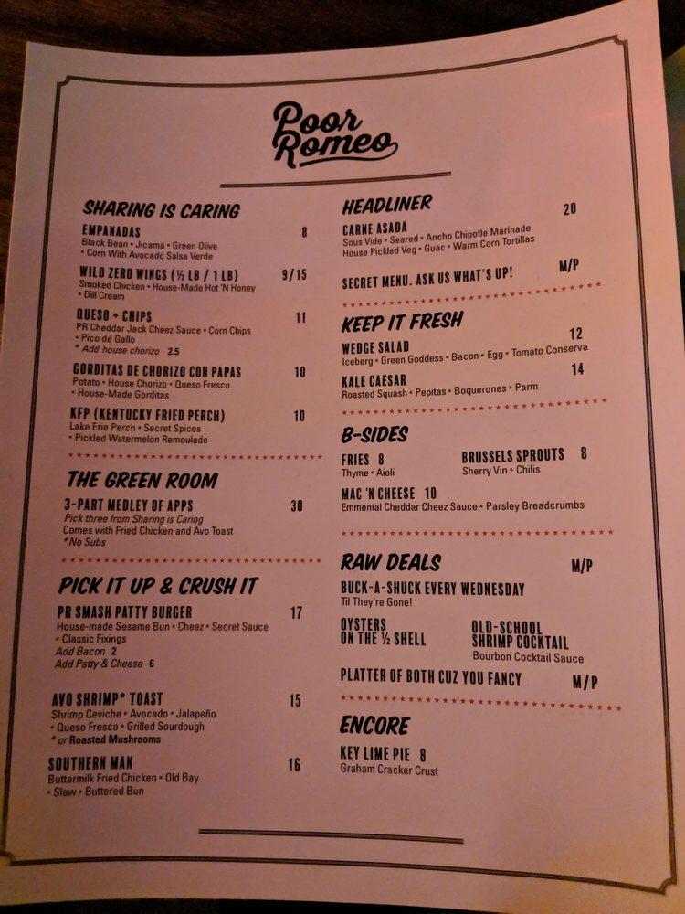 Menu at Poor Romeo pub & bar, Toronto