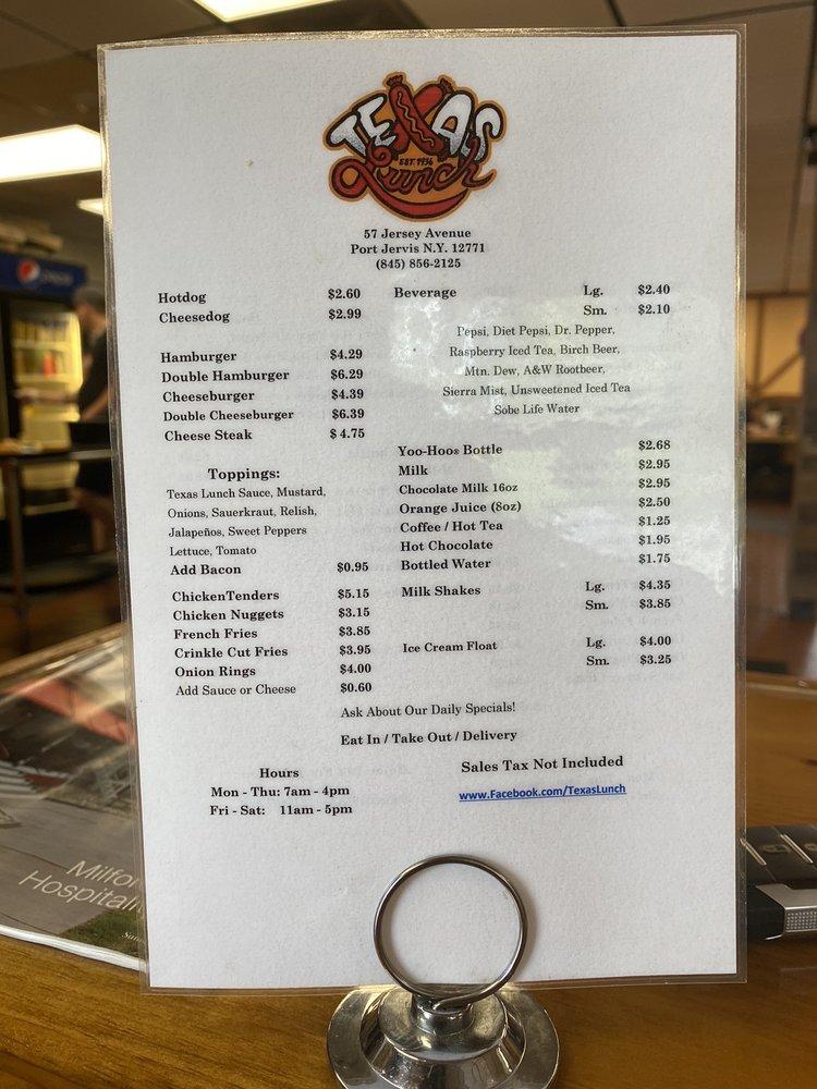 Menu at Texas Lunch restaurant, Port Jervis