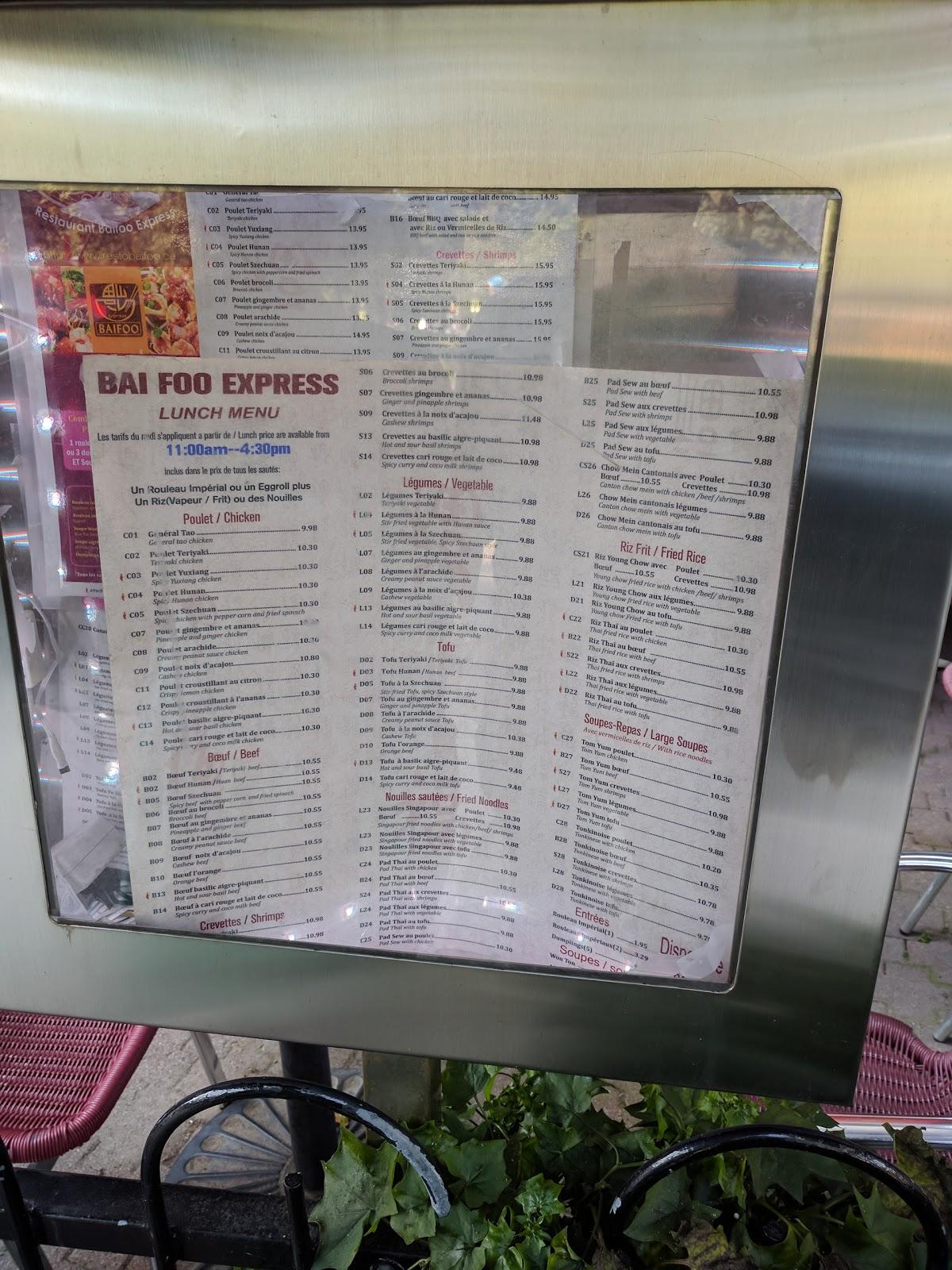 Menu au Baifoo Express restaurant, Québec