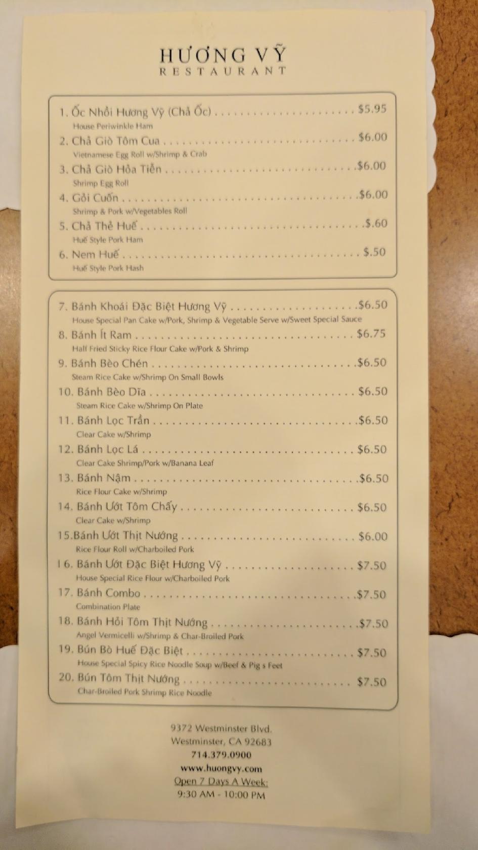 Menu at Huong Vy Restaurant, Westminster
