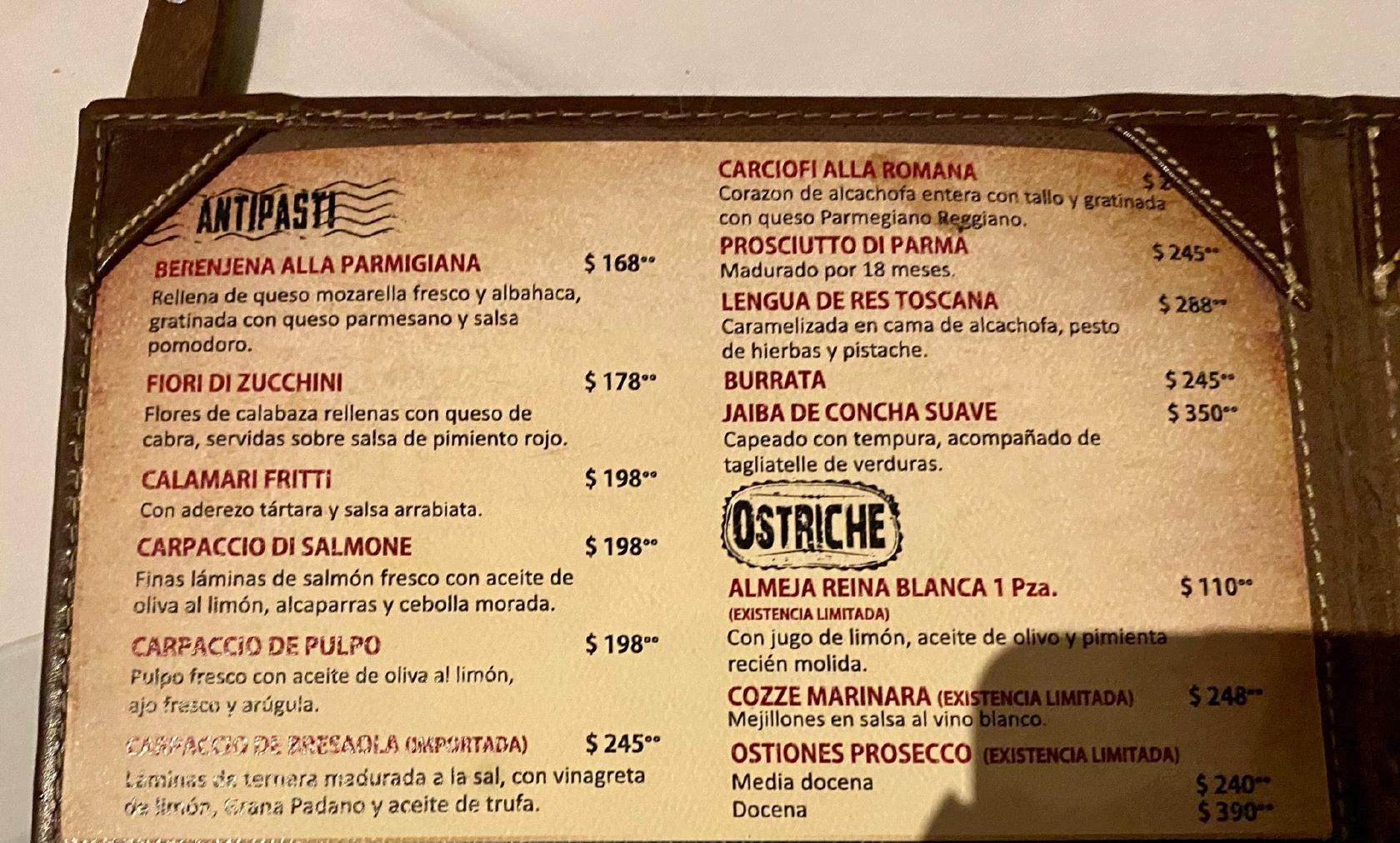 Carta del restaurante il Duomo Cocina Italiana, Santiago del Querétaro