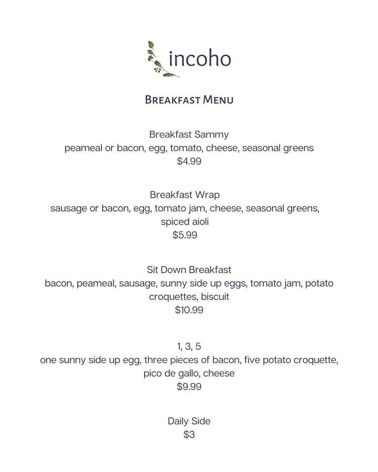 Menu at Incoho Restaurant, St. Catharines