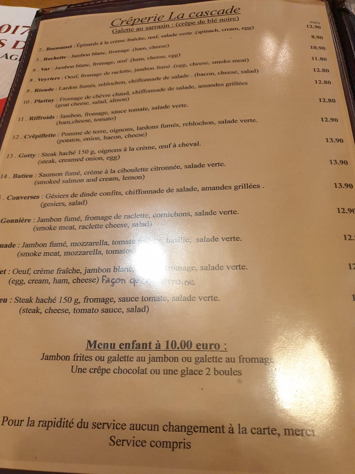 Menu at La Cascade restaurant, La Clusaz