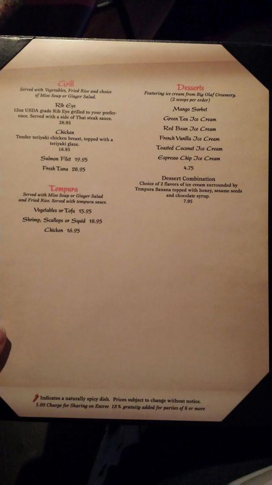 Menu at Pacific Rim restaurant, Sarasota
