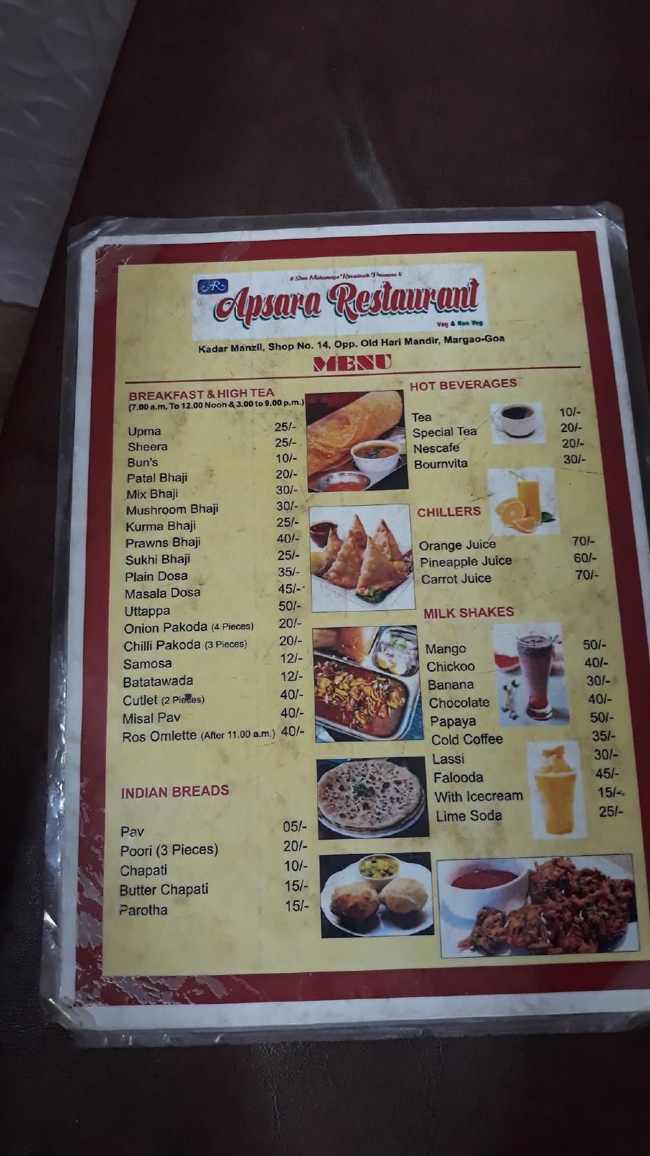 Menu at Apsara Restaurant, Margao
