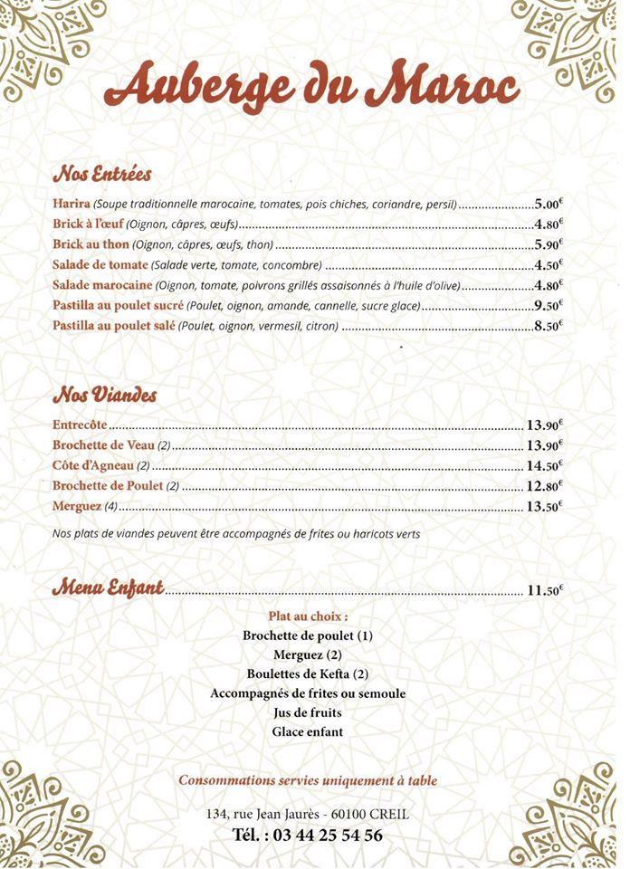 Menu au Auberge du Maroc restaurant, Creil