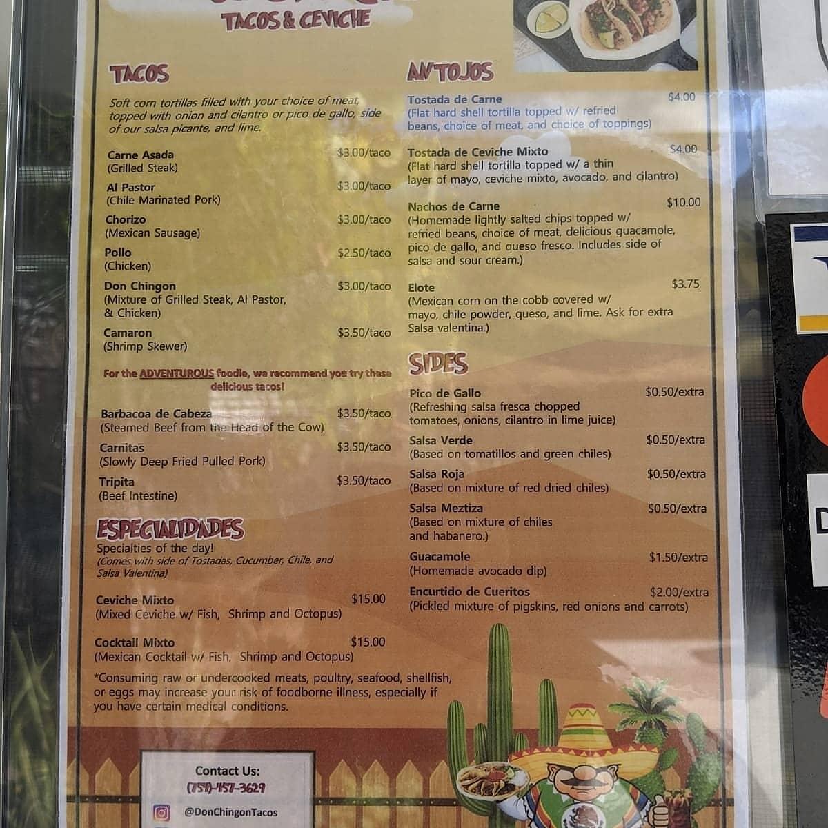 Menu at Don Chingón Tacos restaurant, Fort Lauderdale