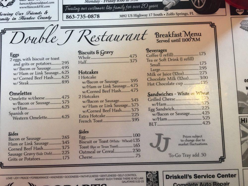 Menu at Double J Restaurant, Wauchula, US-17