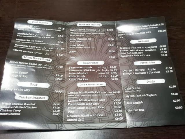 Menu at Mandi House fast food, Birmingham