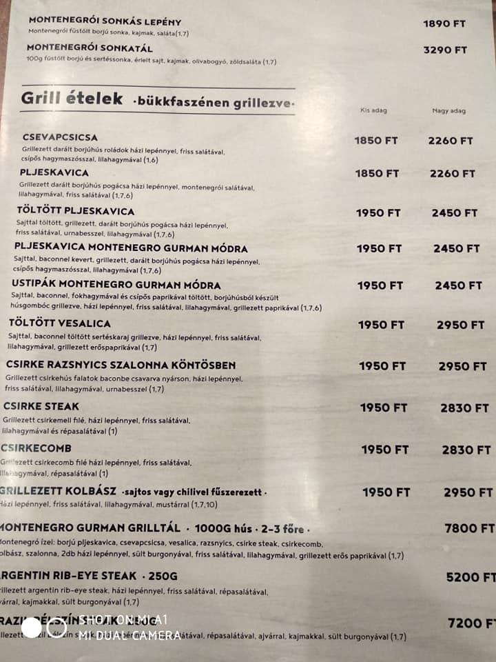 Menu at Montenegrói Gurman Gyorsétterem restaurant, Törökbálint