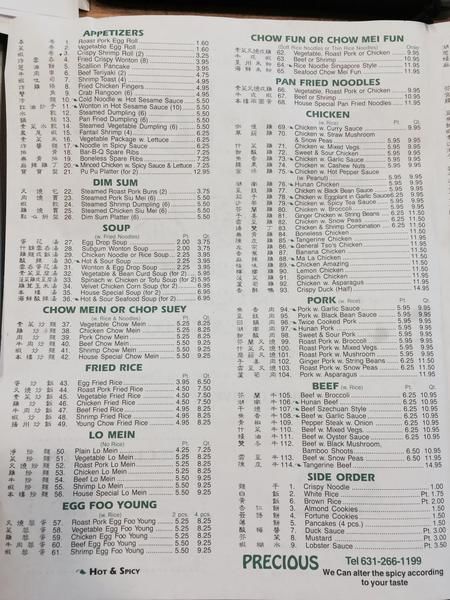 Menu at Precious Chinese Cuisine restaurant, East Northport
