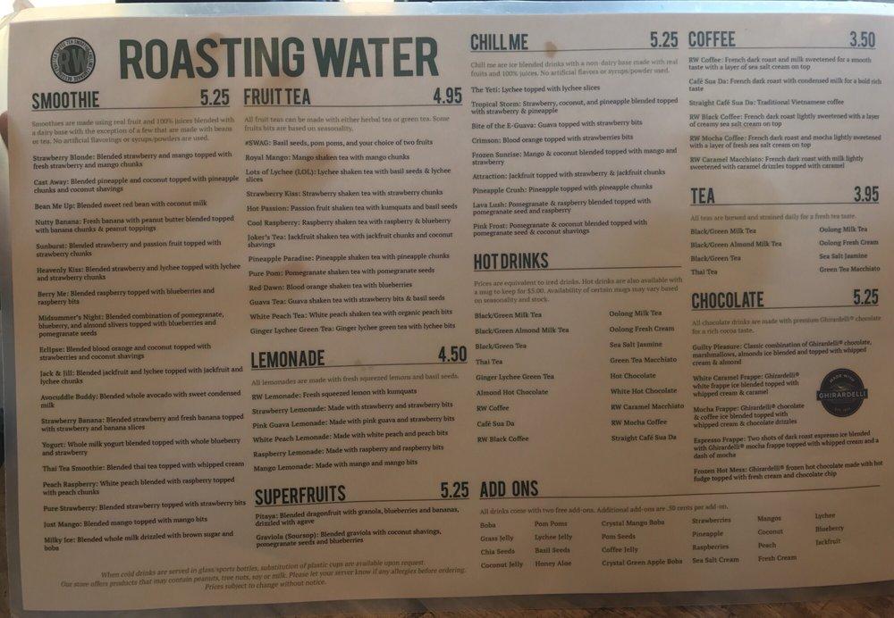 Menu at Roasting Water pub & bar, Fountain Valley, Edinger Ave