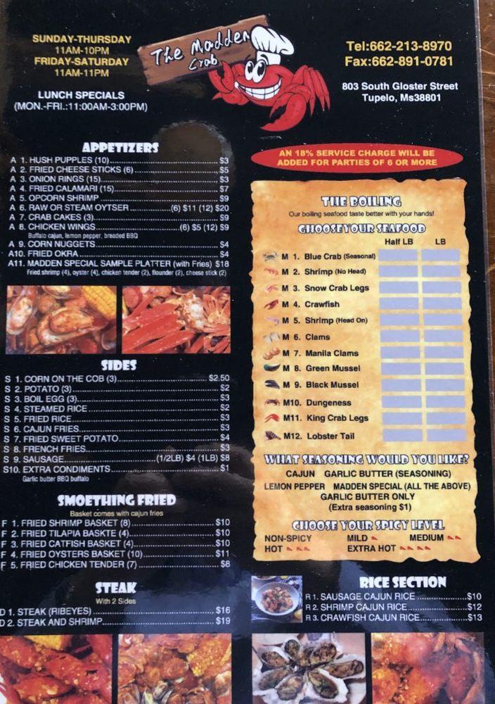 Menu at The Madden Crab restaurant, Tupelo