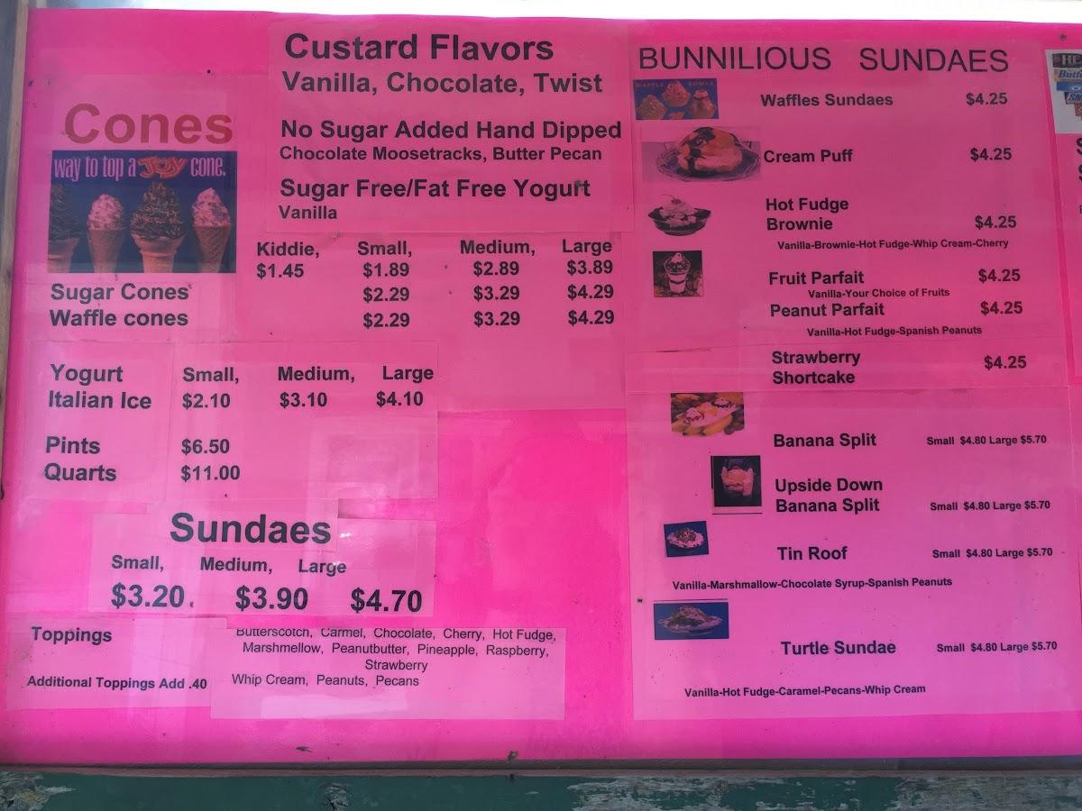 Menu at Bunny's Frozen Custard restaurant, Lexington