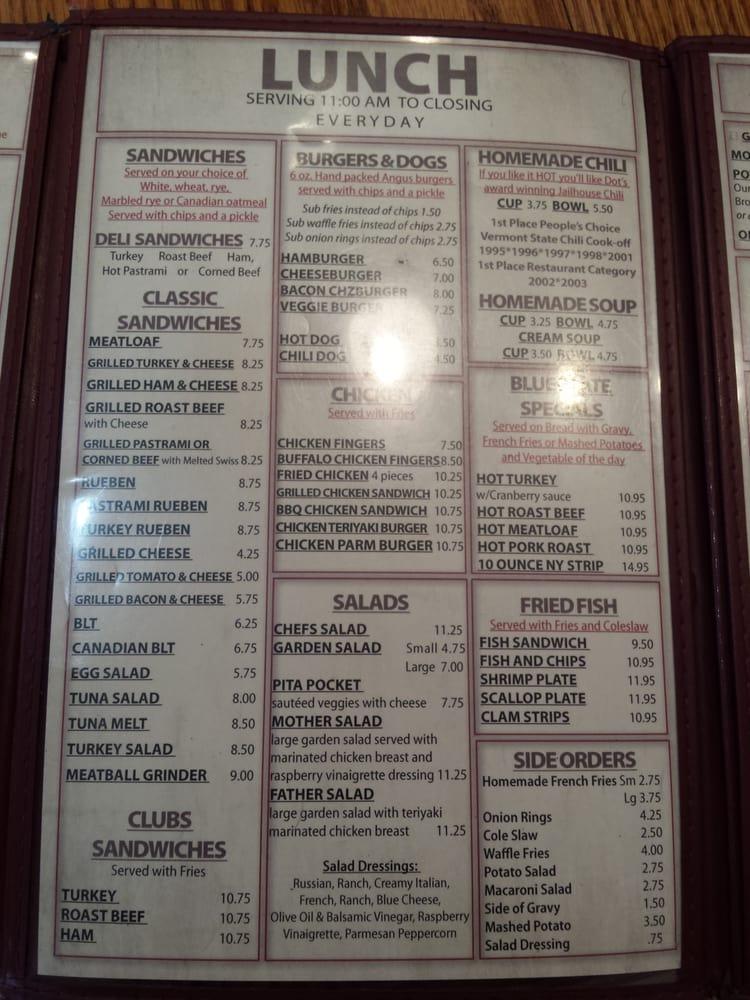 Menu at Dot's restaurant, Wilmington